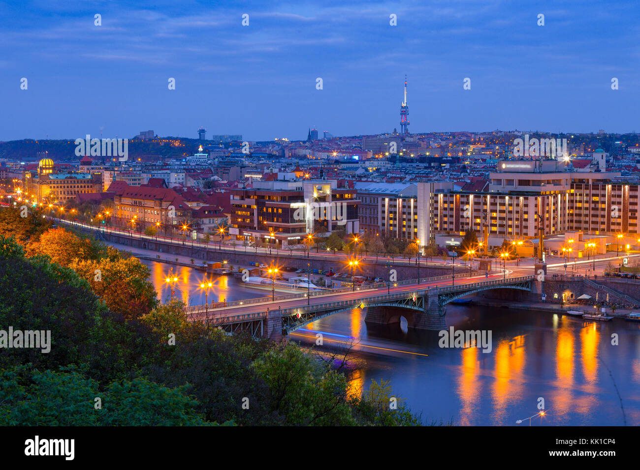 Cechuv bridge night view from Letenske garden. Panorama with historic ...