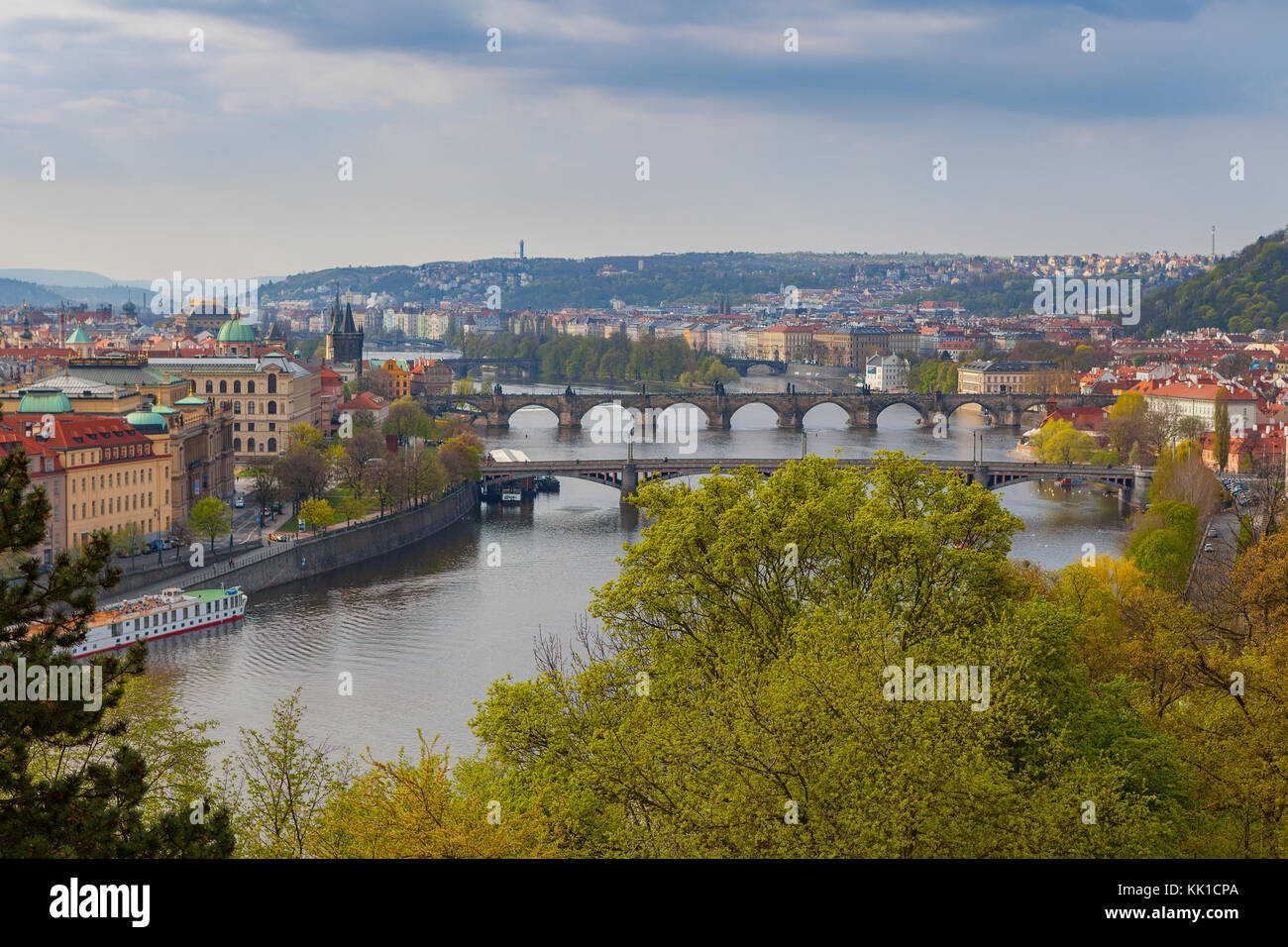 Scenic aerial view of the Old Town architecture and bridges over Vltava ...