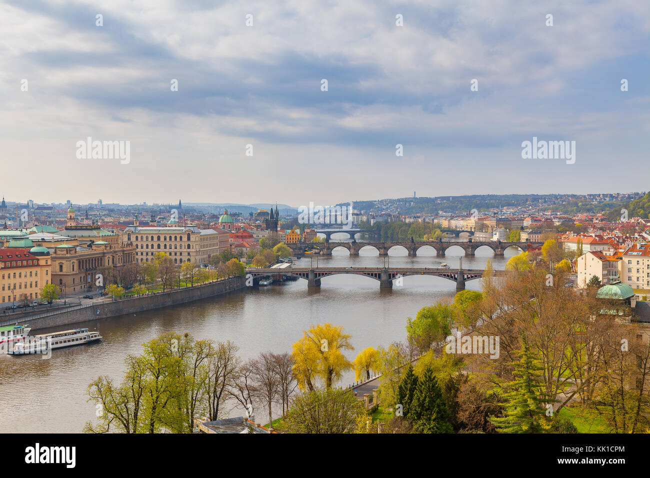 Scenic view of bridges on the Vltava river and historical center of ...