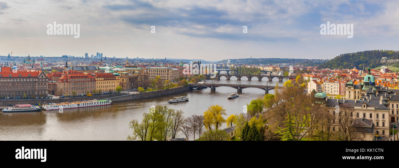 Scenic panoramic view of bridges on the Vltava river and historical ...