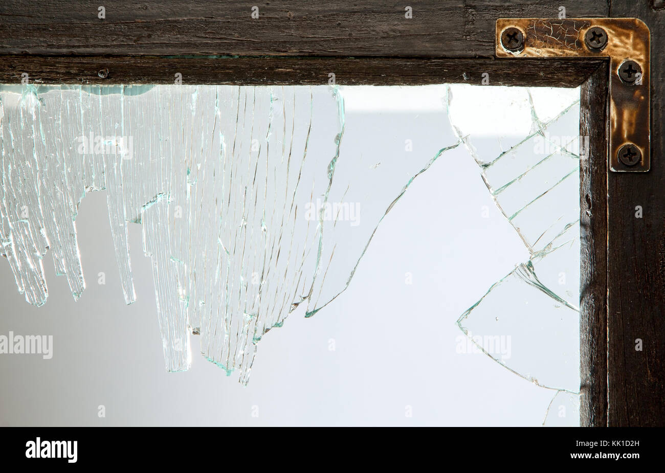 Broken window glass with wooden vintage frame around Stock Photo - Alamy