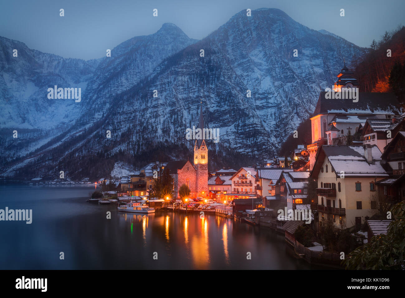 Hallstatt city center and lake at night in winter time Stock Photo - Alamy