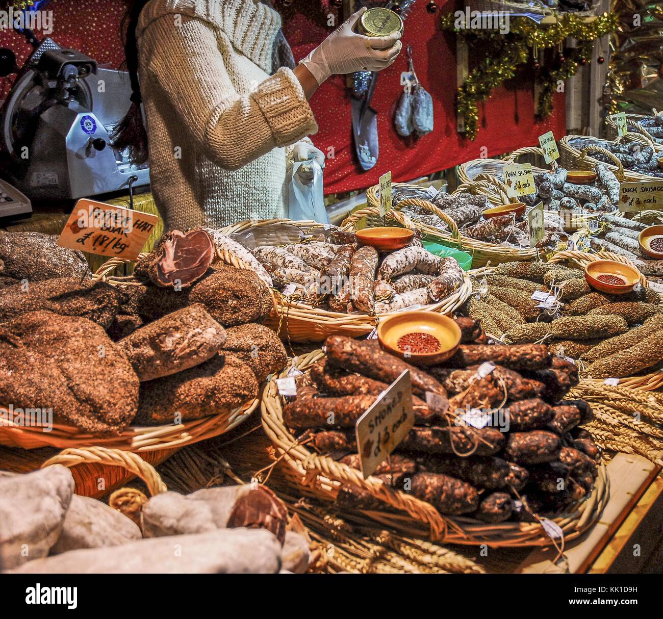 Continental Christmas Market German sausage stall Stock Photo - Alamy