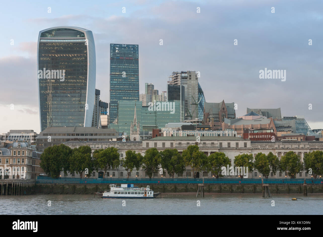London skyscrapers in City of London at sunset time, view from path ...