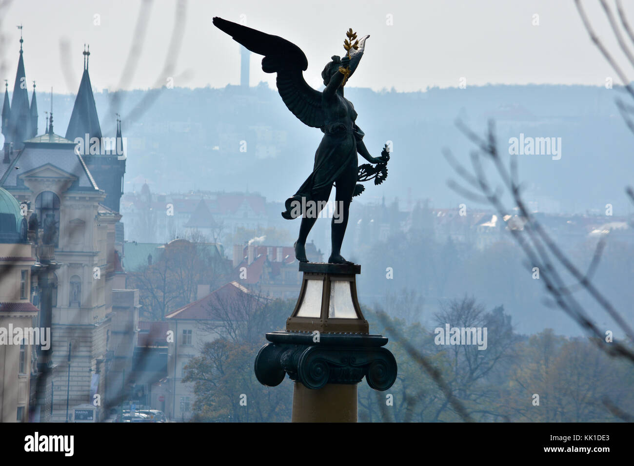 Figure of an angel on the Czech bridge in Prague. Angel over the Vltava ...