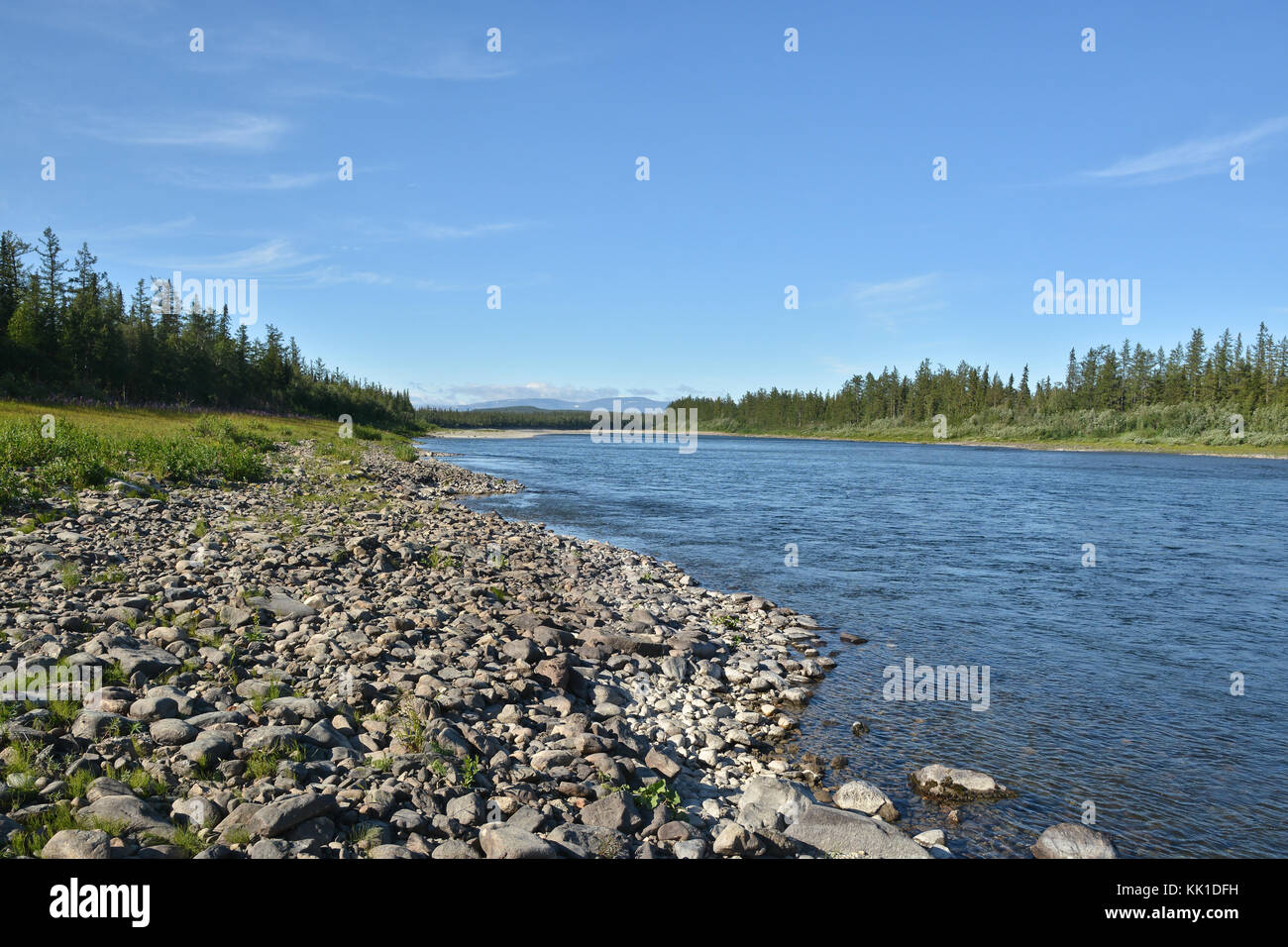 Summer in the Polar Urals, the river Sob. Northern water landscape ...