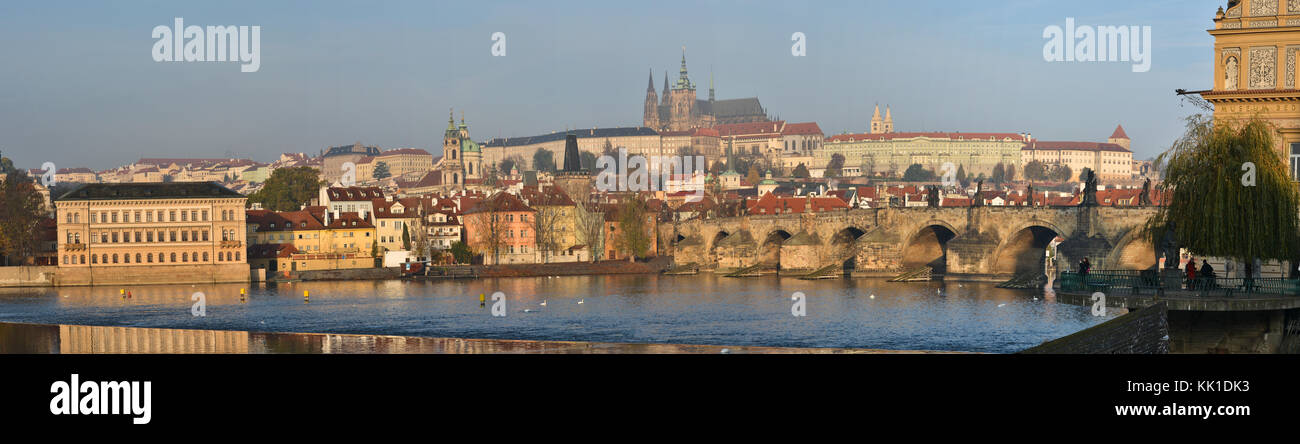 Panorama of the Charles Bridge in Prague. The most famous bridge across ...