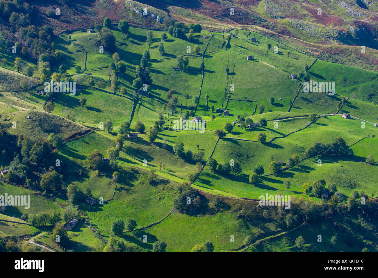 Cabañas Pasiegas and meadows, Miera Valley, Valles Pasiegos, Cantabria ...