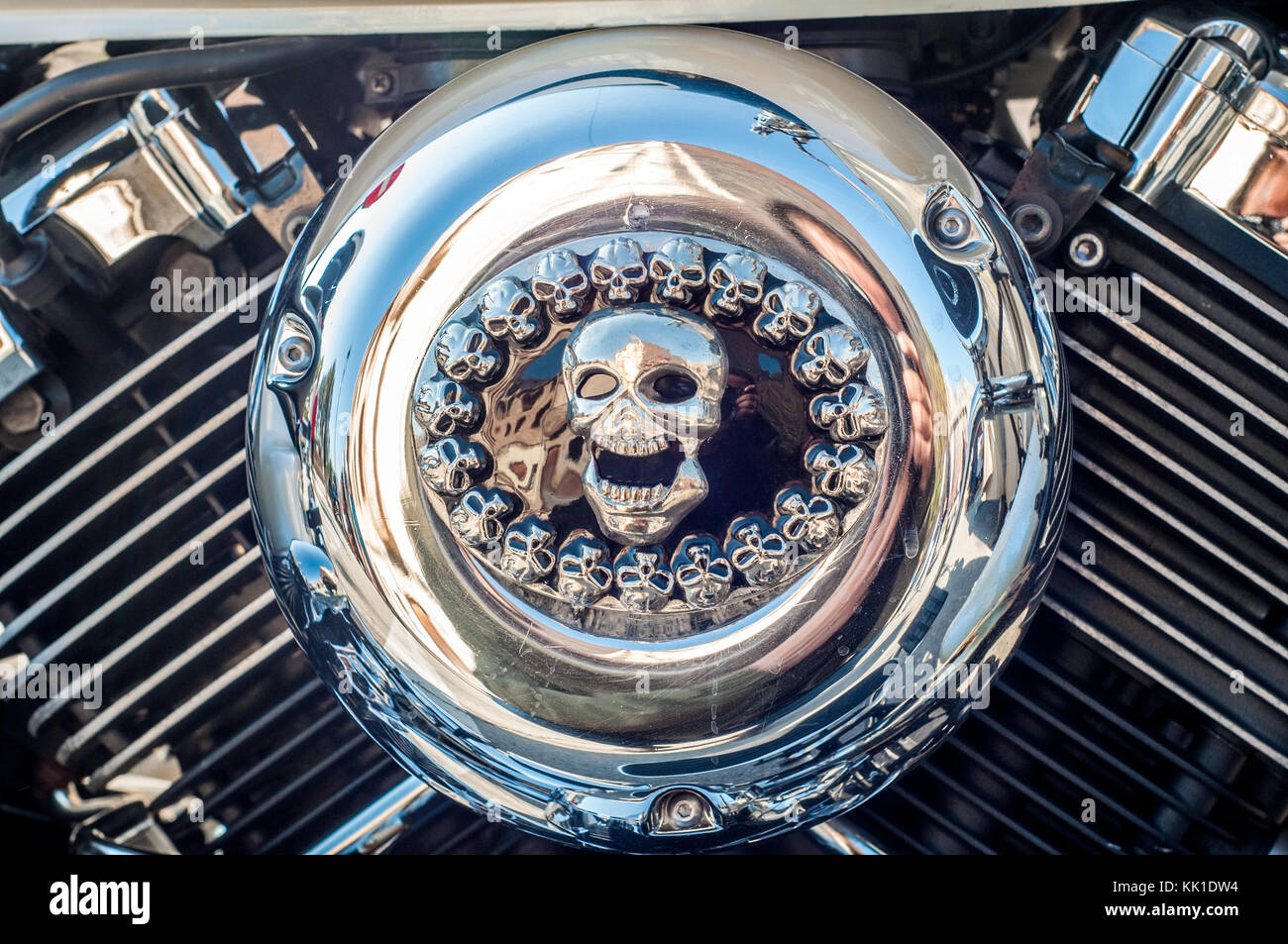 skull decoration on a Harley Davidsn motorcyle engine Stock Photo - Alamy