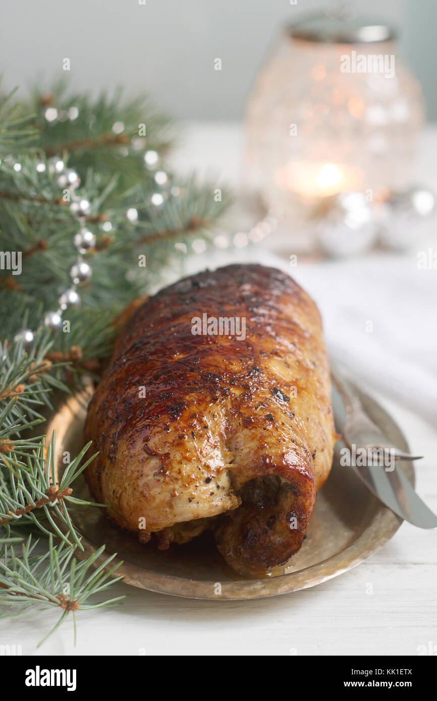 Baked pork roll stuffed with chard and sundried tomatoes in Christmas ...