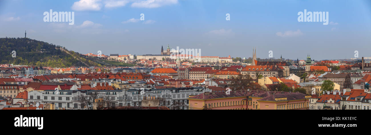 Prague rooftops. Beautiful aerial wide panoramic view of Czech baroque ...