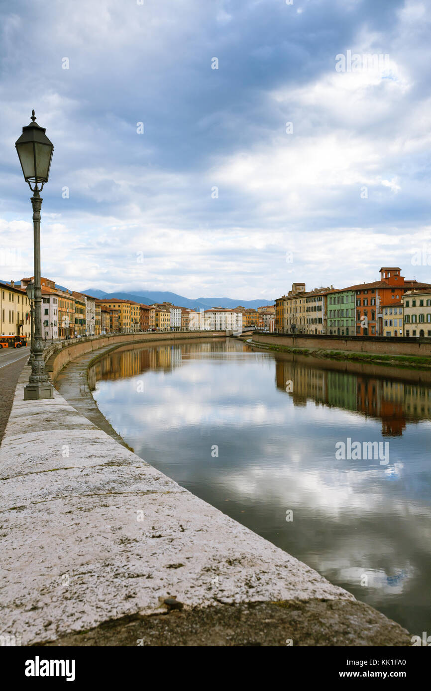Pisa view. Buildings along Arno river. Italian landmark, Tuscany Stock ...