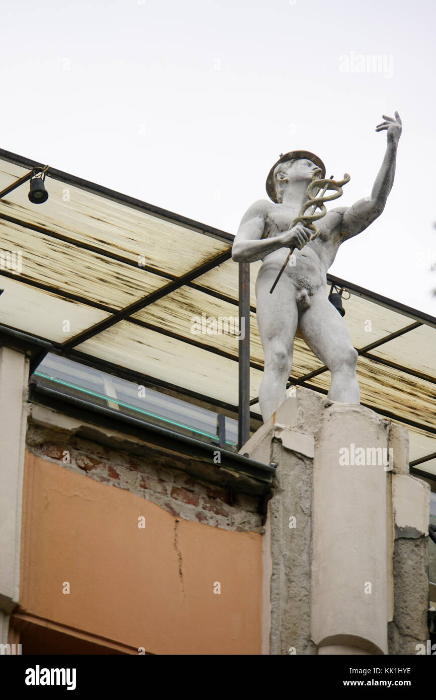 A statue of Mercury / Hermes with Caduceus winged staff and serpents ...