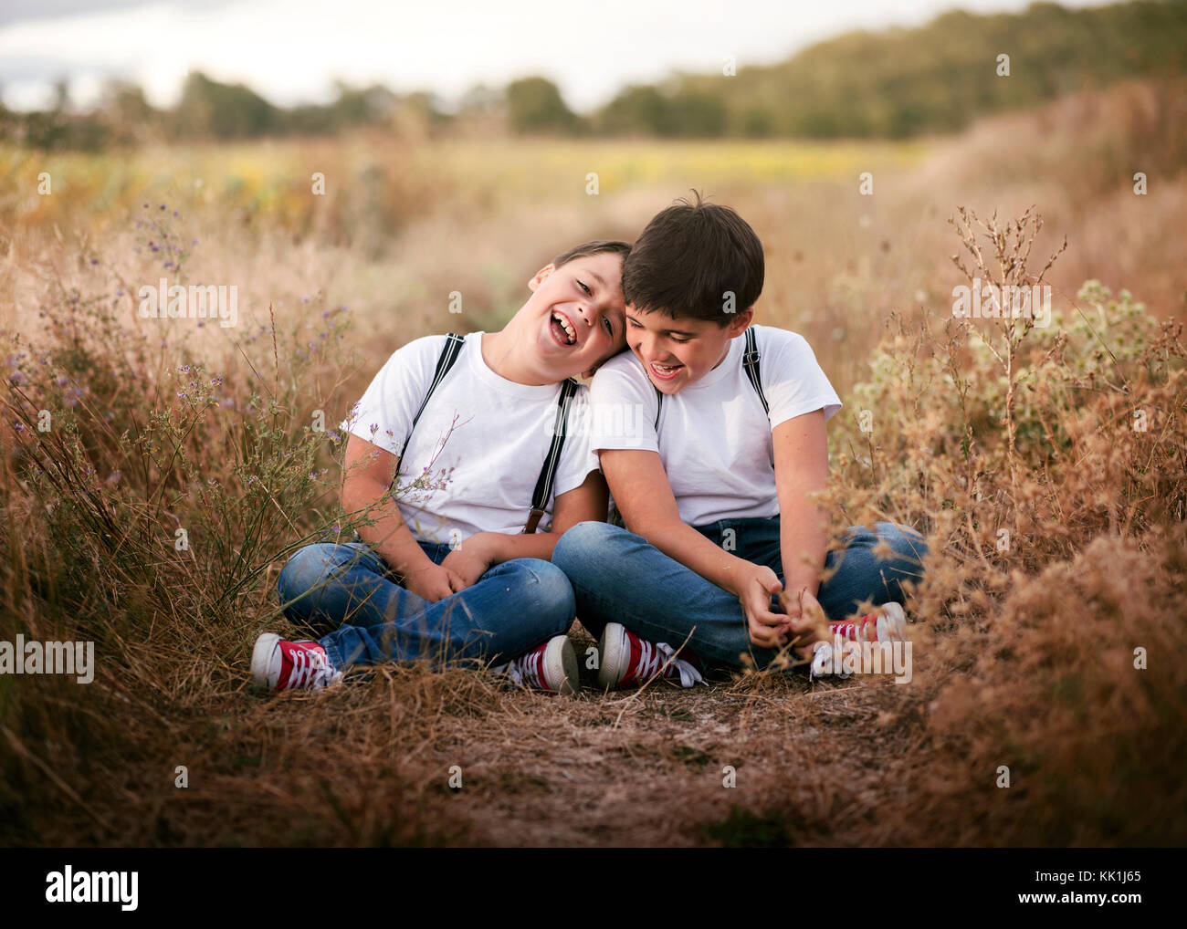 smiling brothers in the field Stock Photo - Alamy