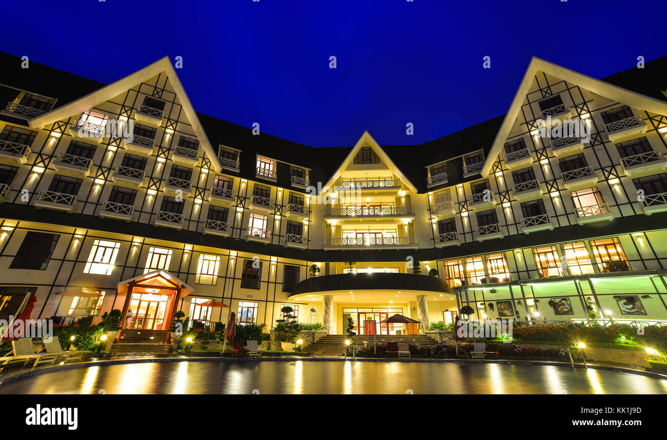 Dalat, Vietnam - Aug 17, 2017. Night view of luxury resort in Dalat ...