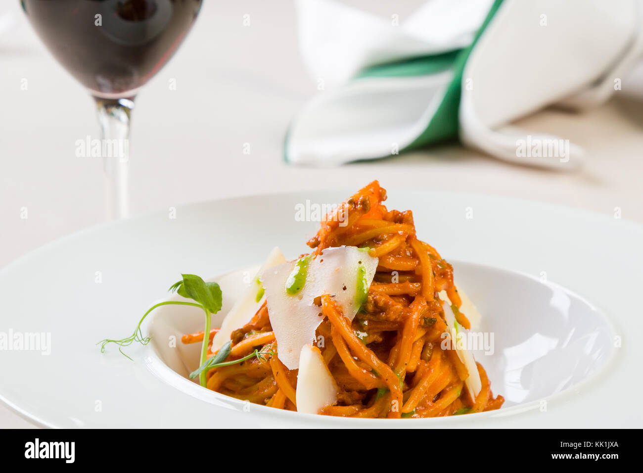 stylish gourmet tasty spaghetti bolognese in white plate Stock Photo ...