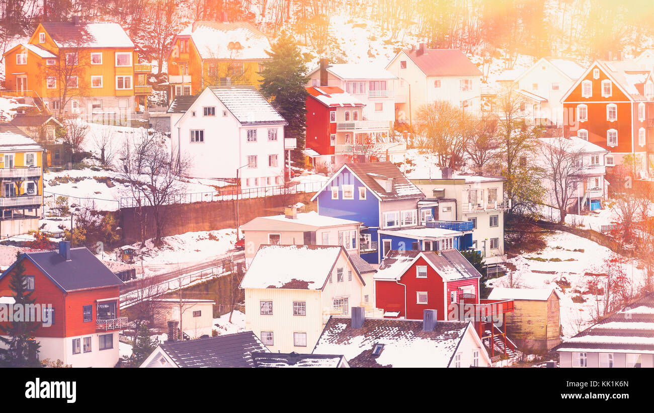Beautiful town in winter, aerial view on many colorful houses, Narvik ...