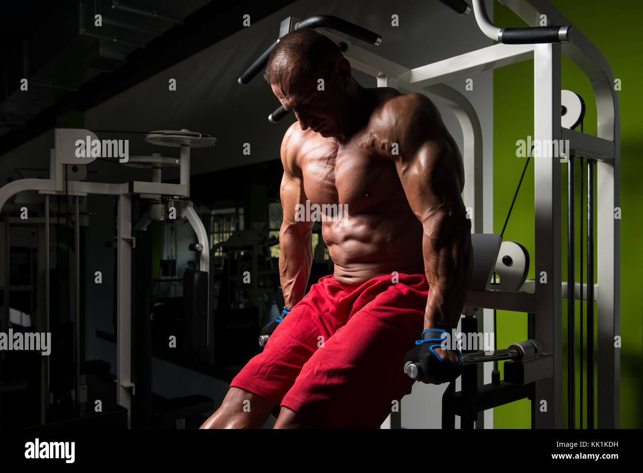 Muscular Fitness Bodybuilder Doing Heavy Weight Exercise For Triceps ...