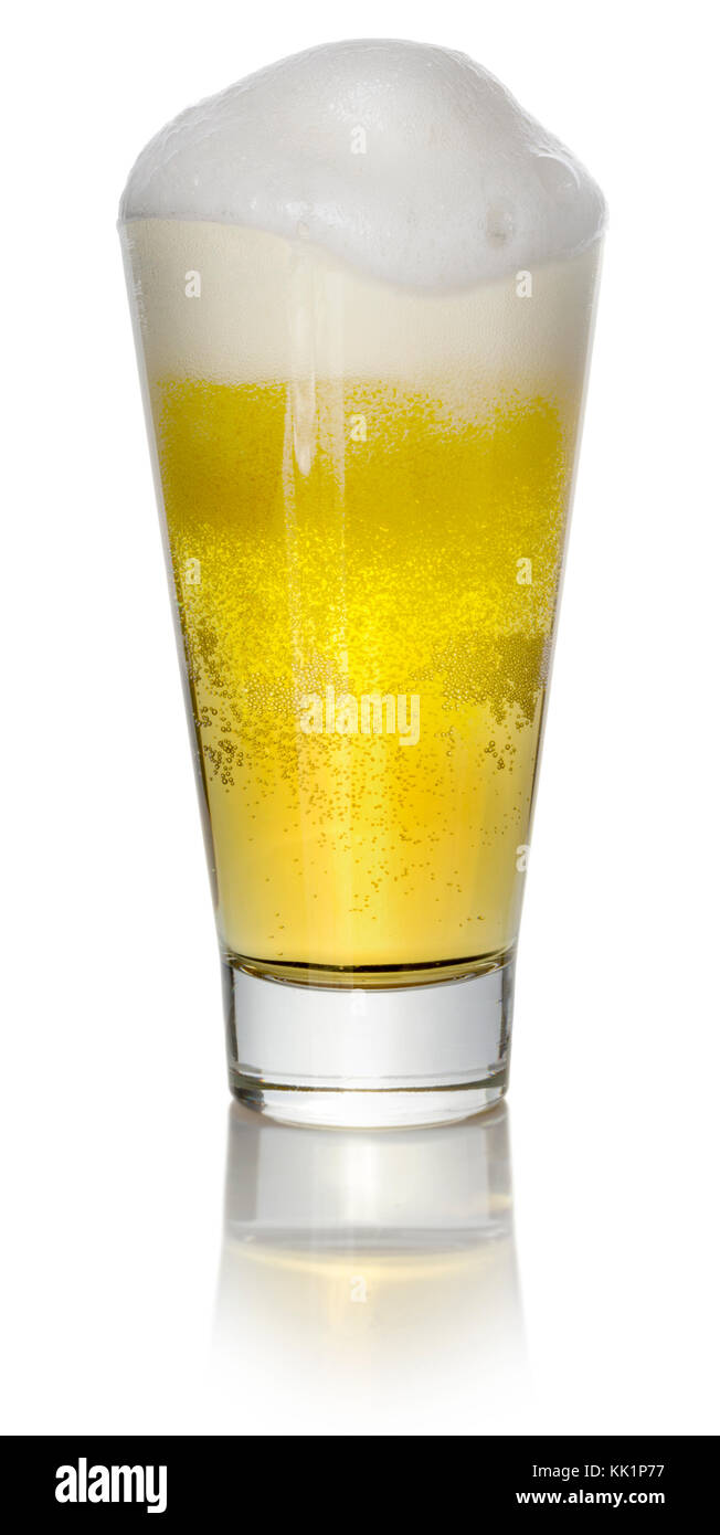 Sweating glass of foamy light beer with bubbles on white background ...