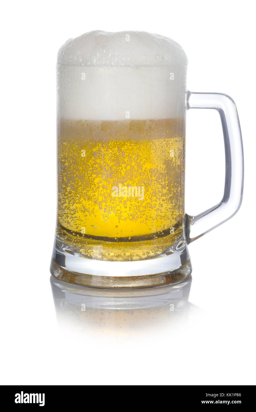 Sweating glass of foamy light beer with bubbles on white background ...