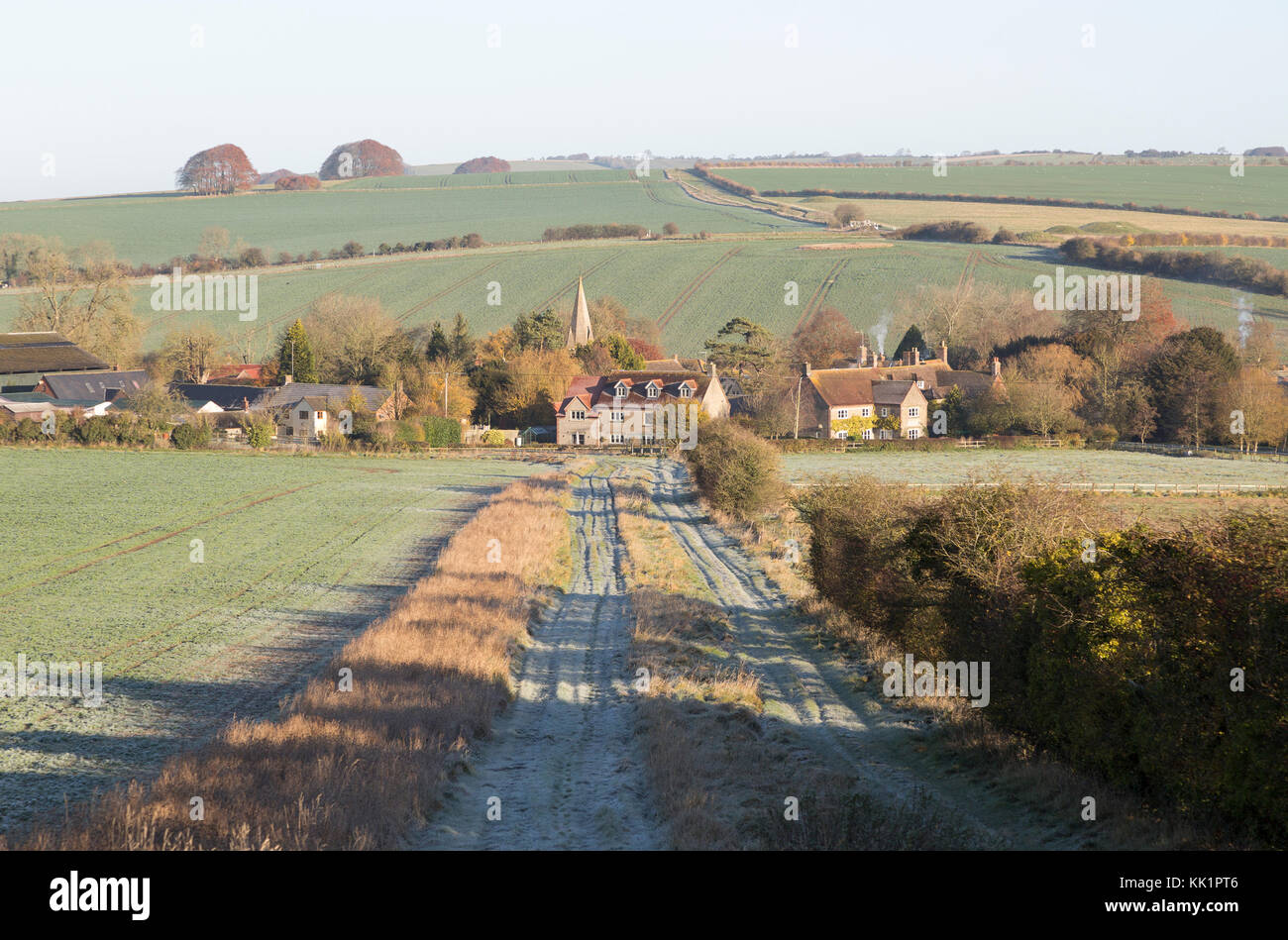 Chalk landscape of River Kennet valley, East Kennett village, Wiltshire ...