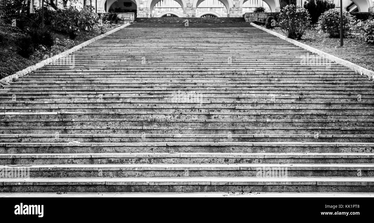 Old, majestic, grand, granite stone staircase leading to palace ...