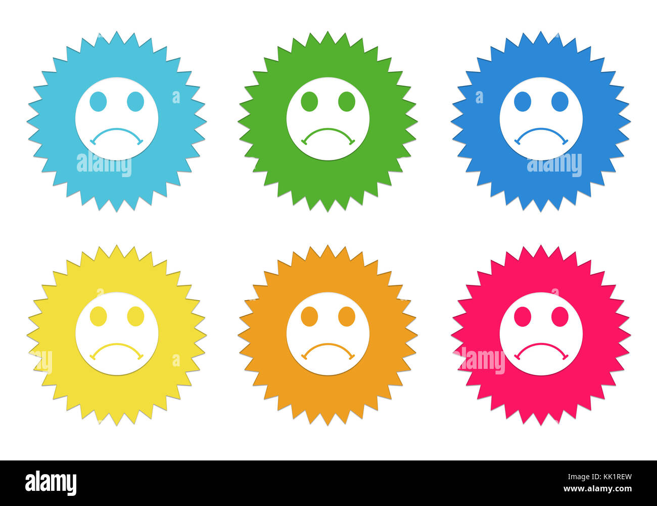 Set of rounded colorful sticker icons with unhappy face symbol in blue ...