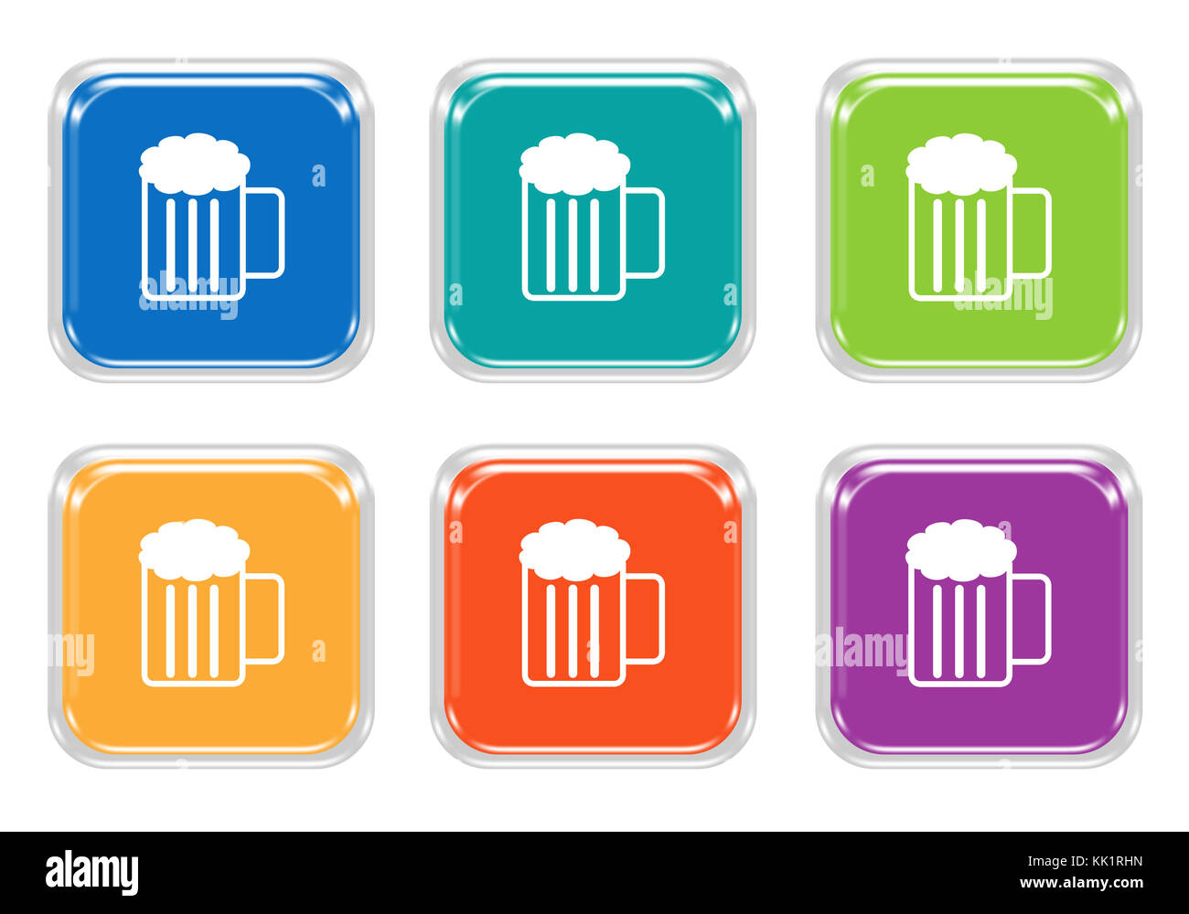 Set of rounded square colorful buttons with beer symbol in blue, green ...