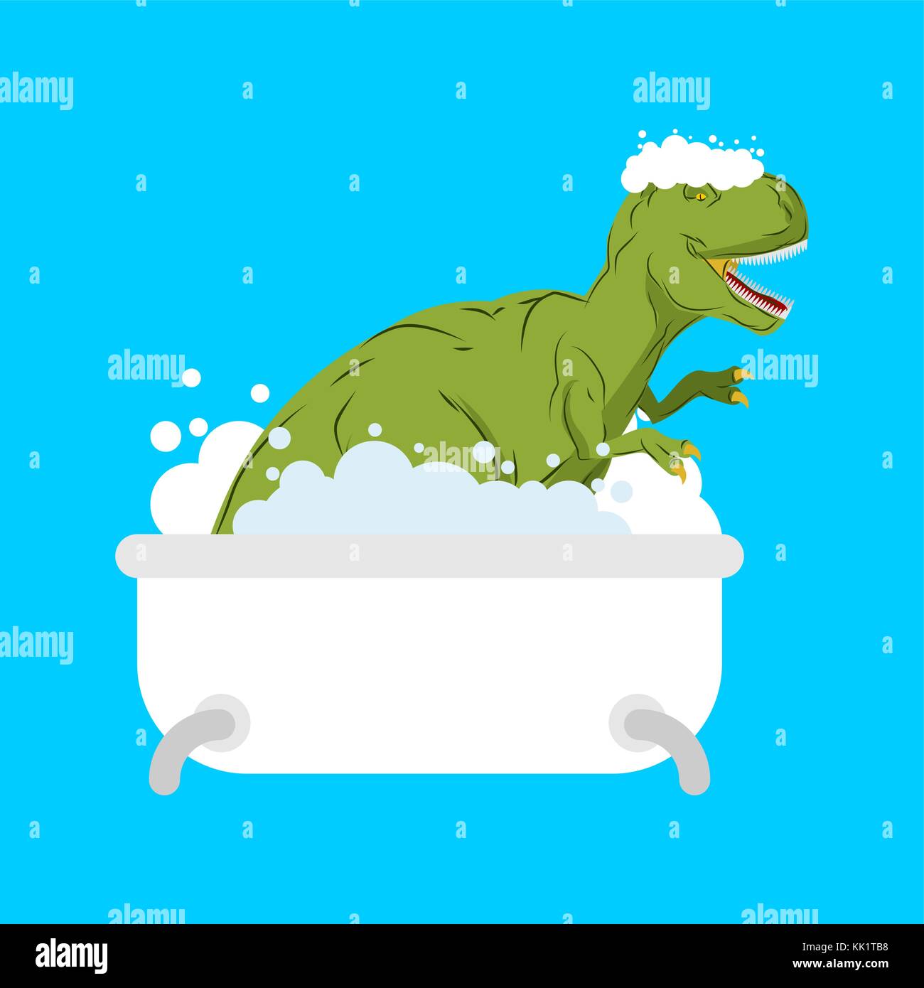 Dinosaur in bath. Tyrannosaurus is washed in bathroom. Prehistoric ...