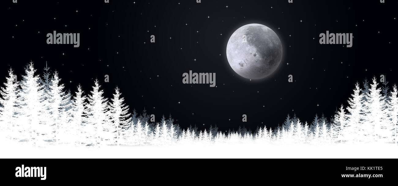 winter magic forest at night background with snow trees and moon Stock ...