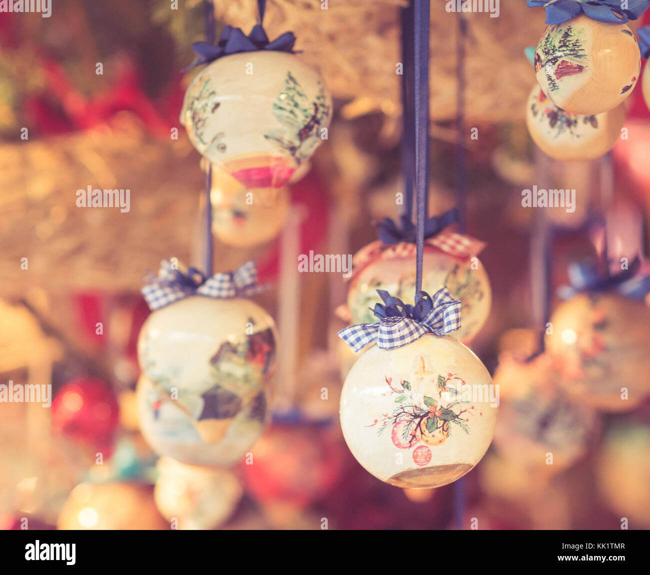Christmas decoration against lights blurred background. Filter vintage ...