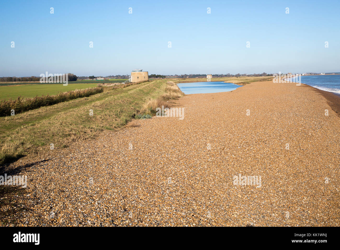 Steep shingle beach gradient at high level adjoining flood defence sea ...