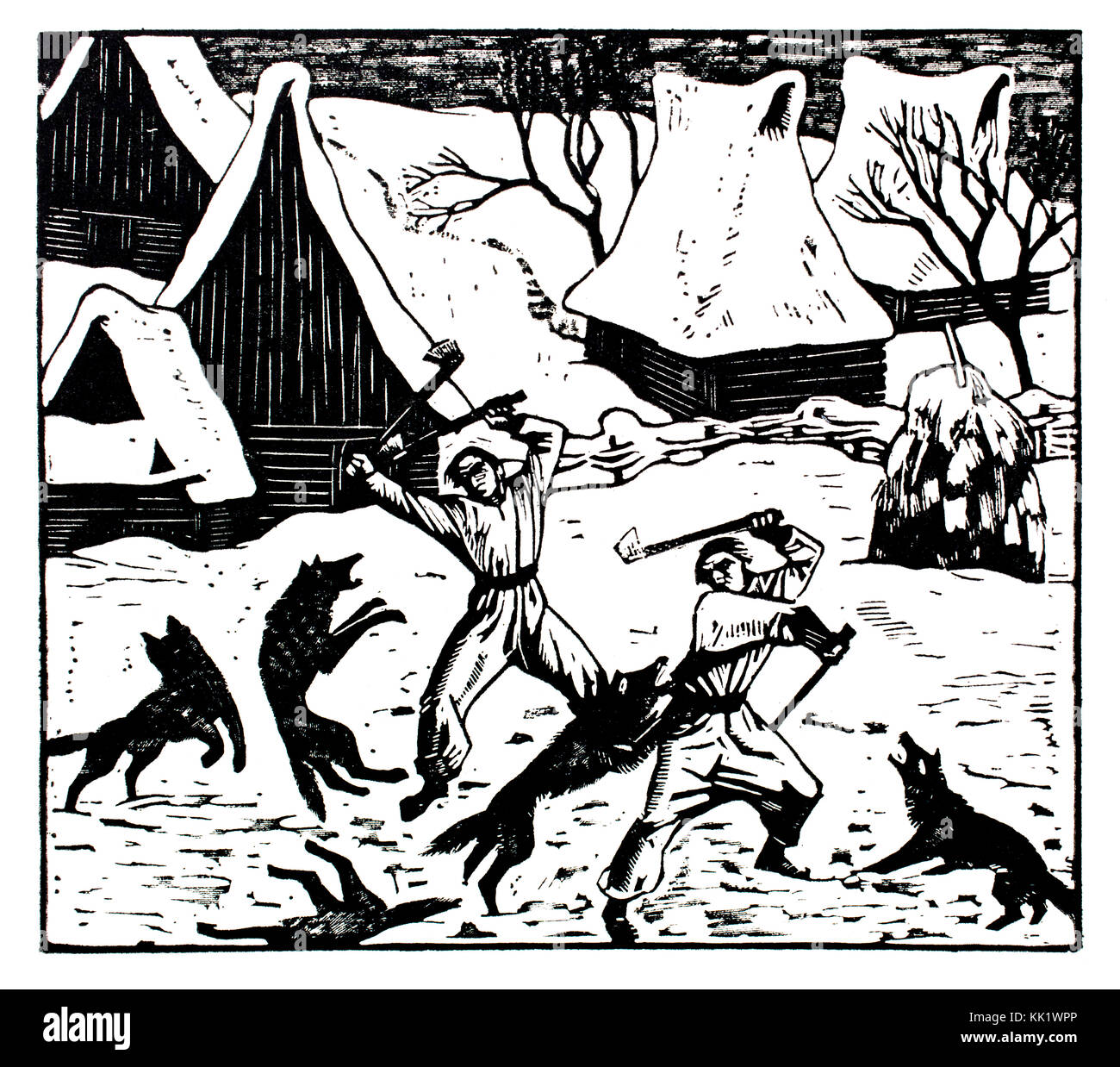 Fighting Wolves, 1920s woodcut illustration by Austrian artist Bernard ...