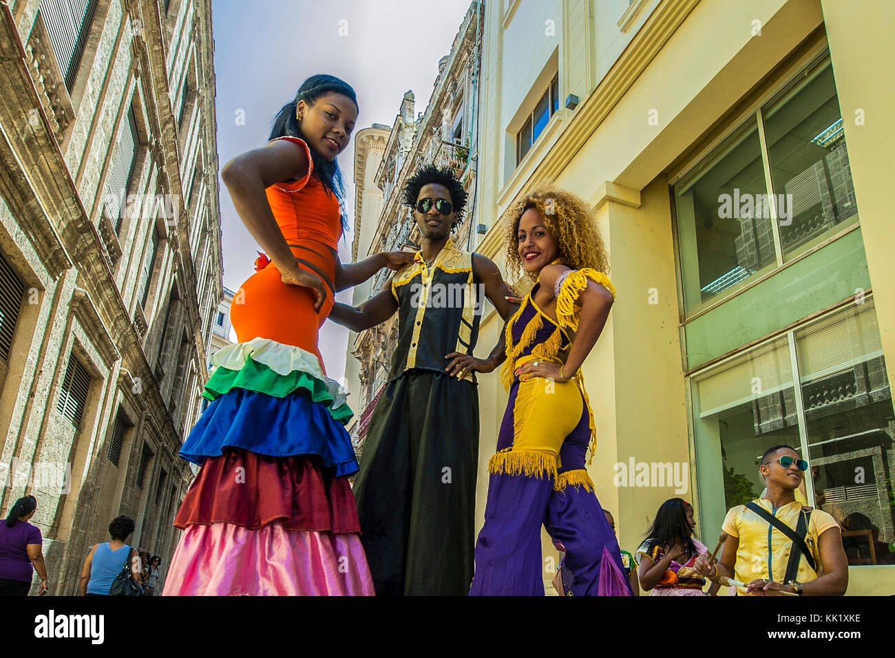 Young acrobats on stilts perform on a street of Old Havana, Cuba Stock ...