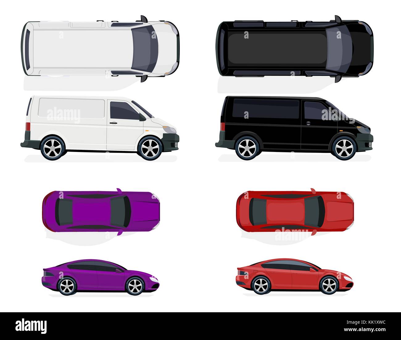 Set of black and white minibus, red and purple car. Side view and top ...