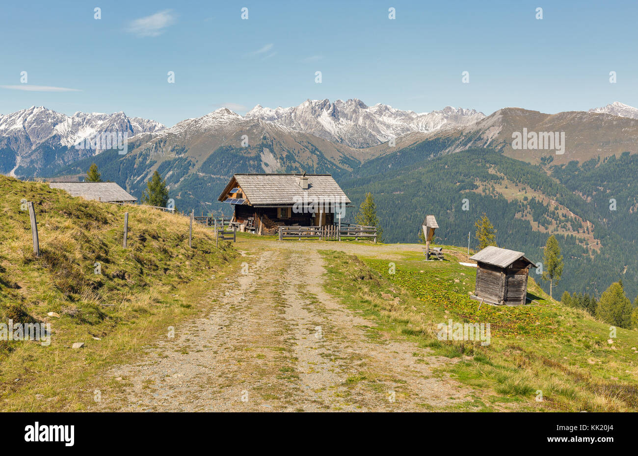 Wooden shepherd lodge on a highland pasture with Alpine mountain ...