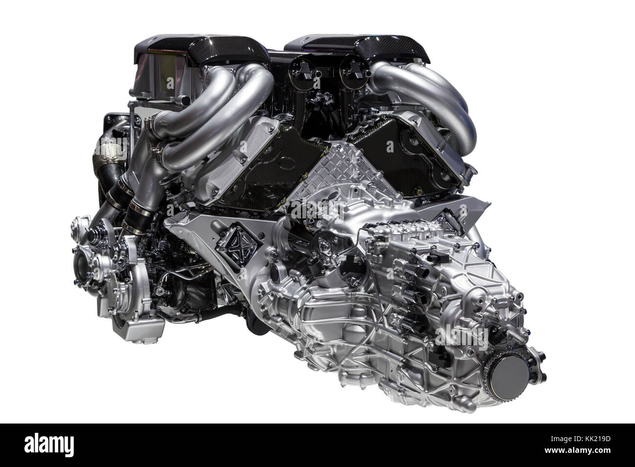 High perfomance sports car engine with attached transmission isolated ...