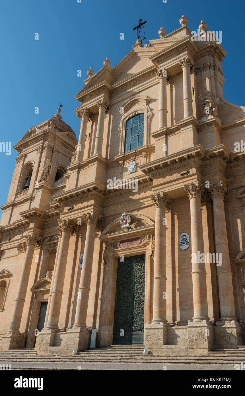 The famous baroque cathedral of Noto in sunset. View from belltower of ...