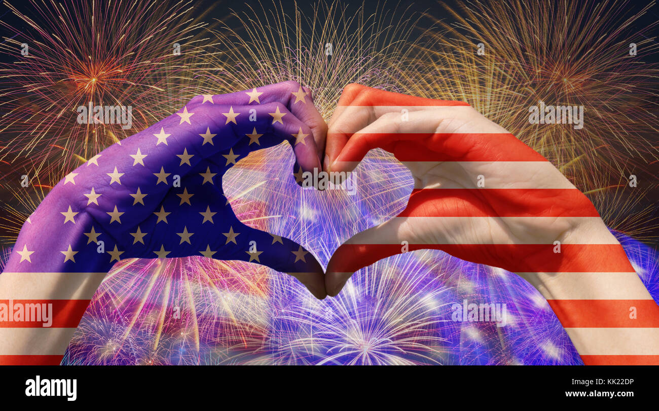 hands forming be heart for love with USA National flag over the ...