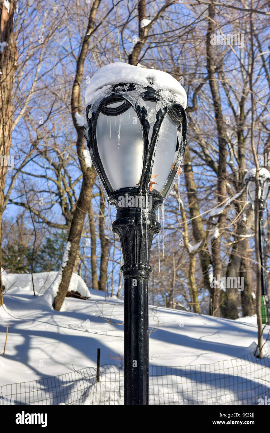 Frozen Central Park lamp post in New York City after a snow storm Stock ...