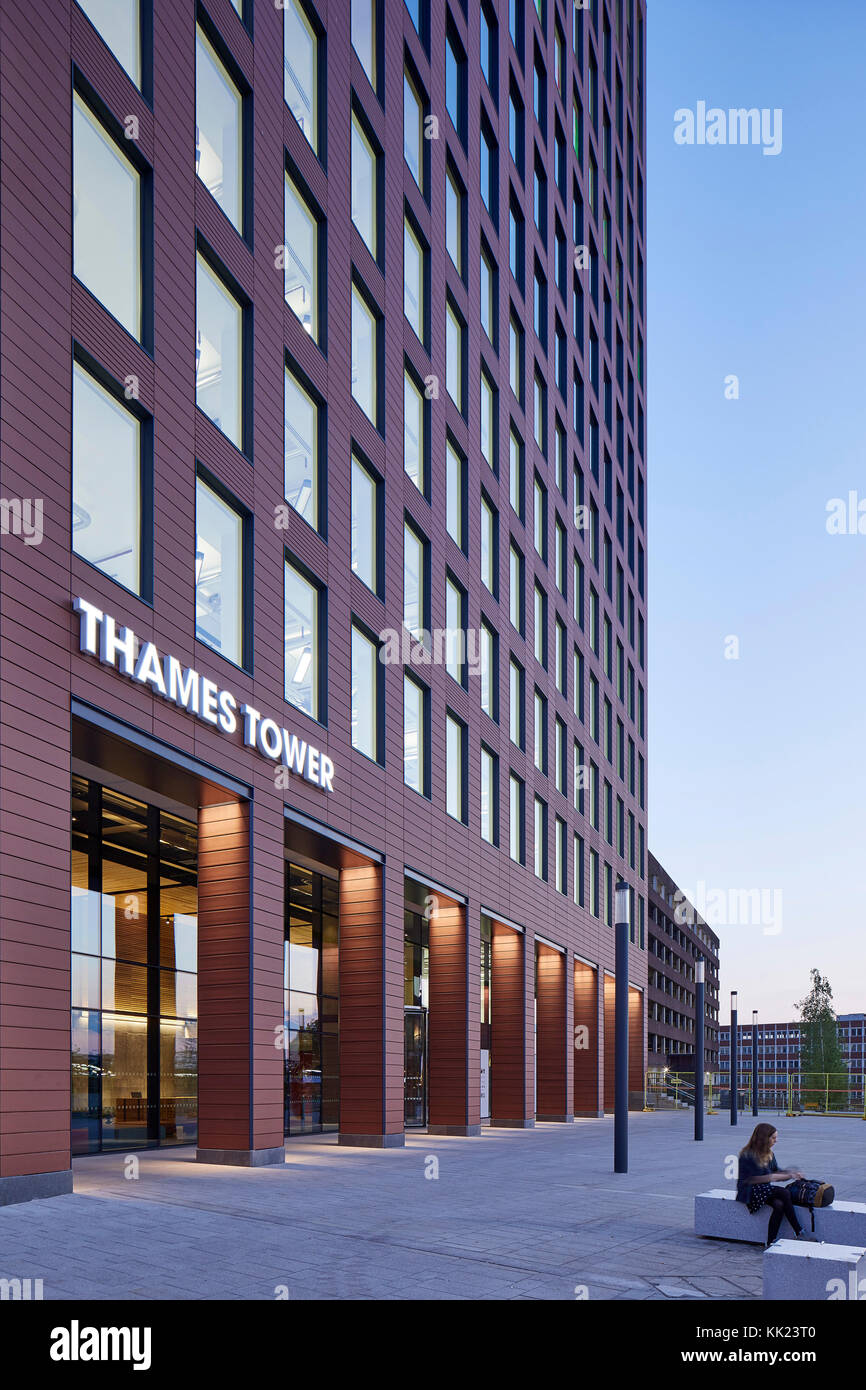Perpective of terracotta clad Thames Tower at dusk. Thames Tower ...