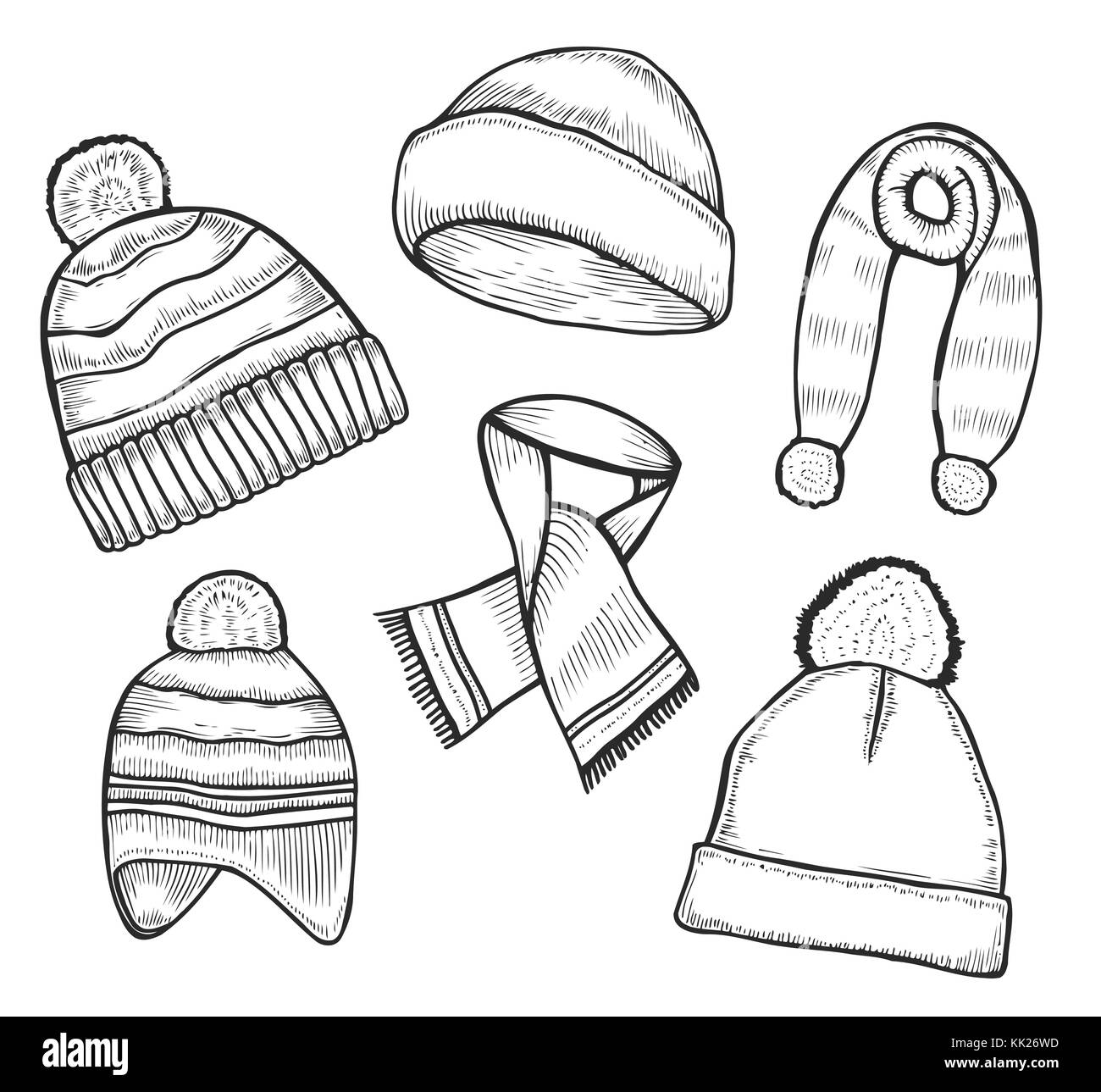 Set of woolen winter clothes, hats and scarves sketch style vector ...