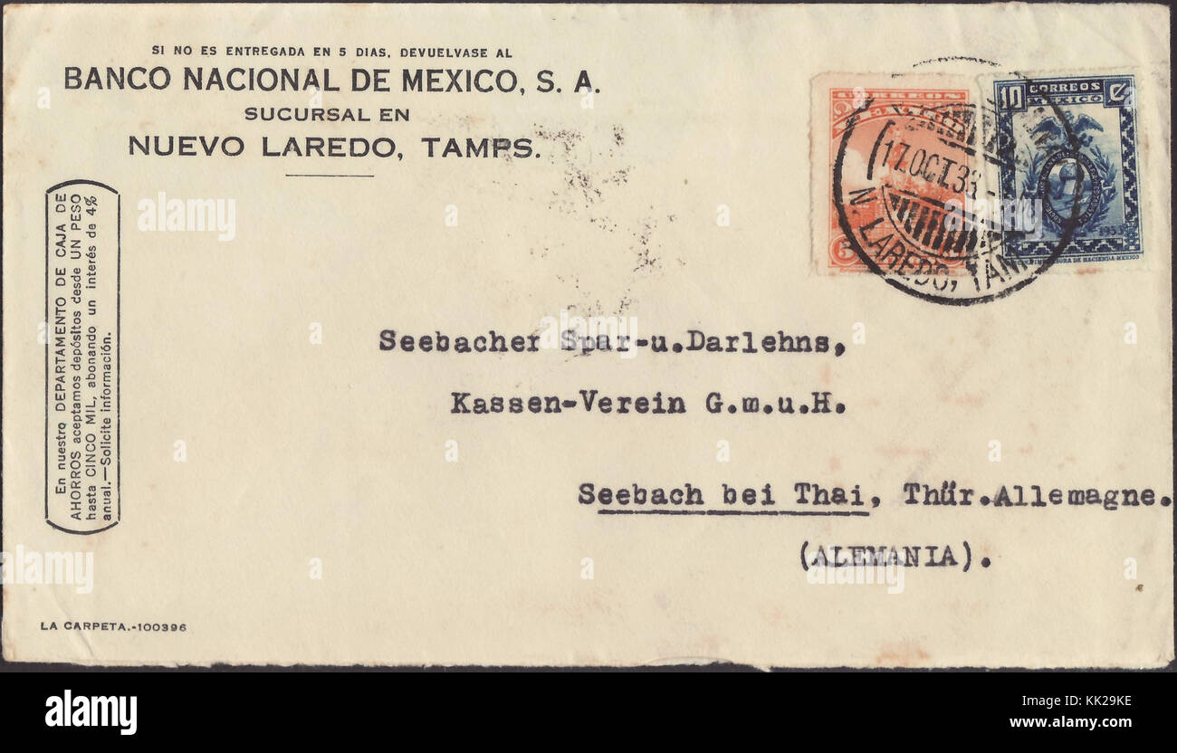 This postal item from 1933 shows Mexican stamps with catalog numbers ...