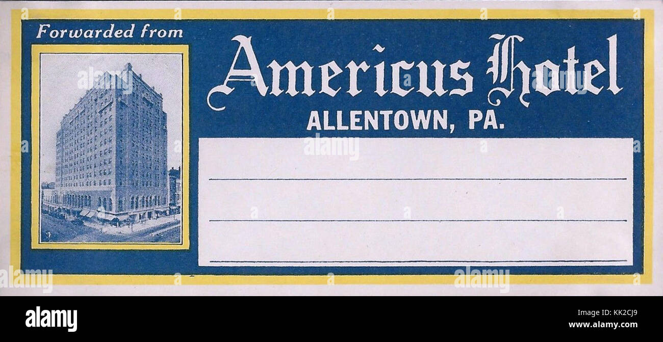 1935 Americus Hotel Luggage Forwarding Label Allentown PA Stock Photo ...