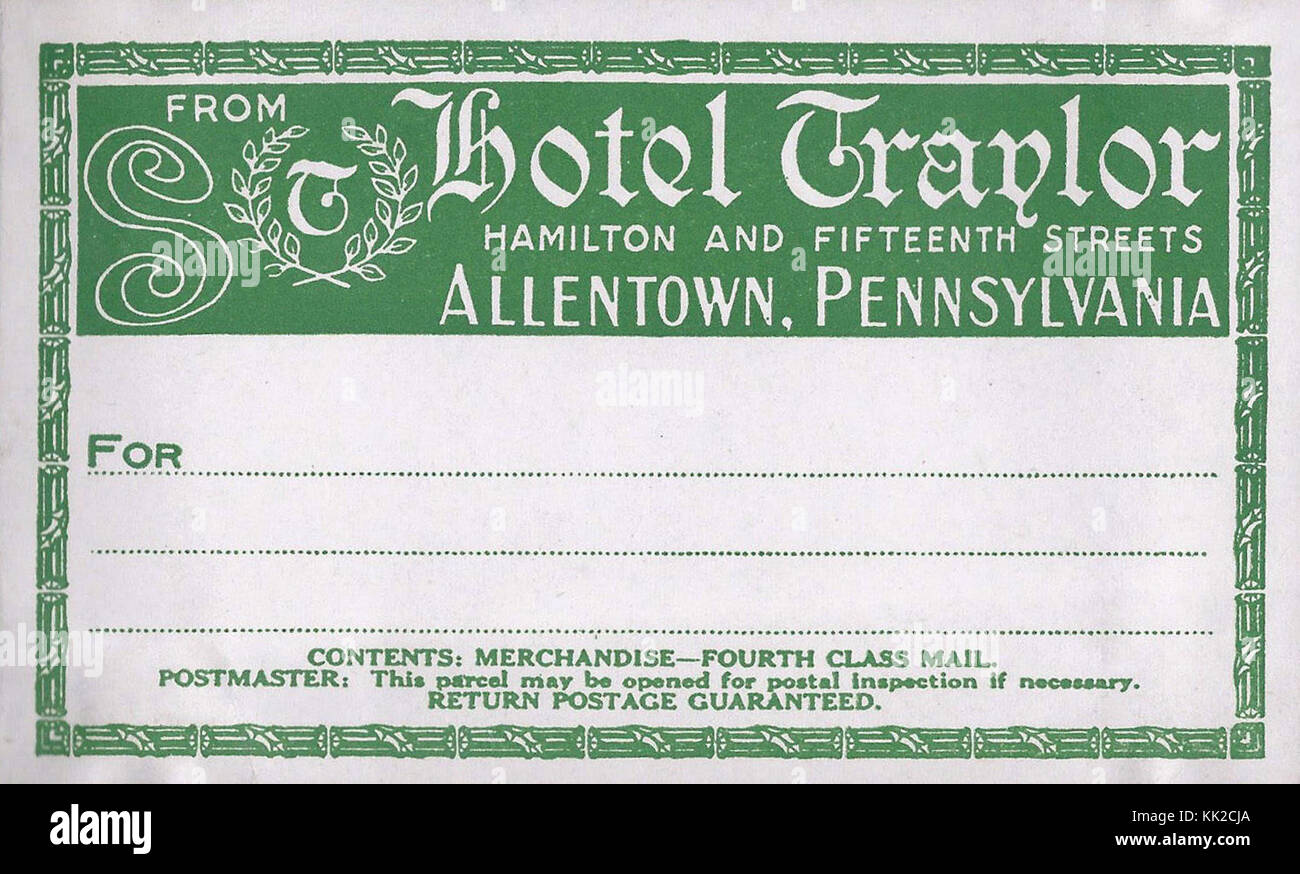 1935 Hotel Traylor Luggage Forwarding Label Allentown PA Stock Photo ...