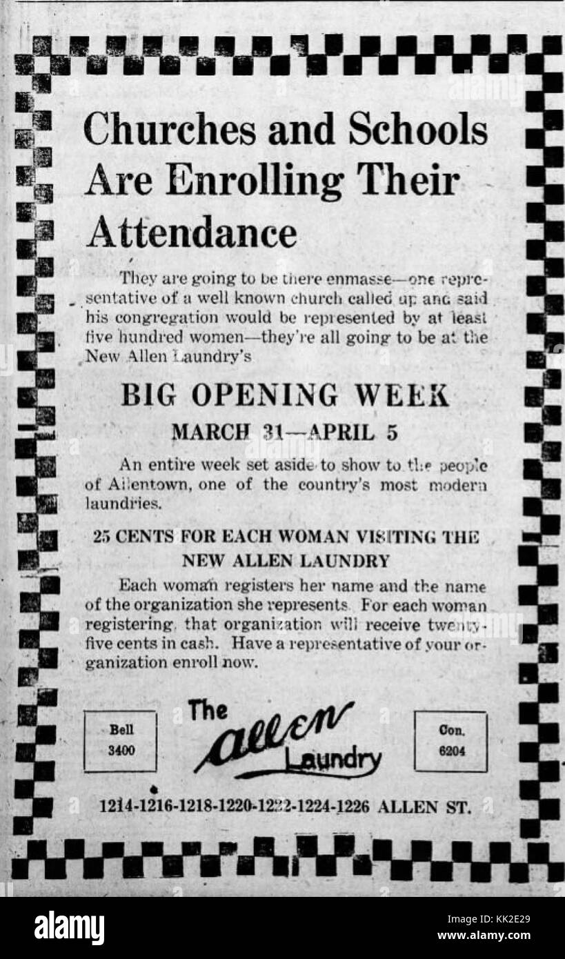 1924 Allen Laundry Opening Ad 20 Mar MC Allentown PA Stock Photo - Alamy