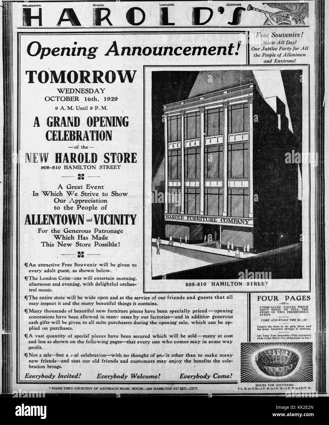 1929 Harolds Furniture Ad 15 Oct MC Allentown PA Stock Photo - Alamy
