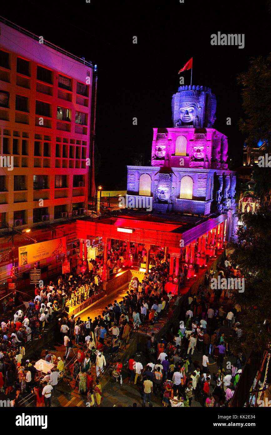 Aerial night shot of decorated pandal based on theme of Angkor temples ...