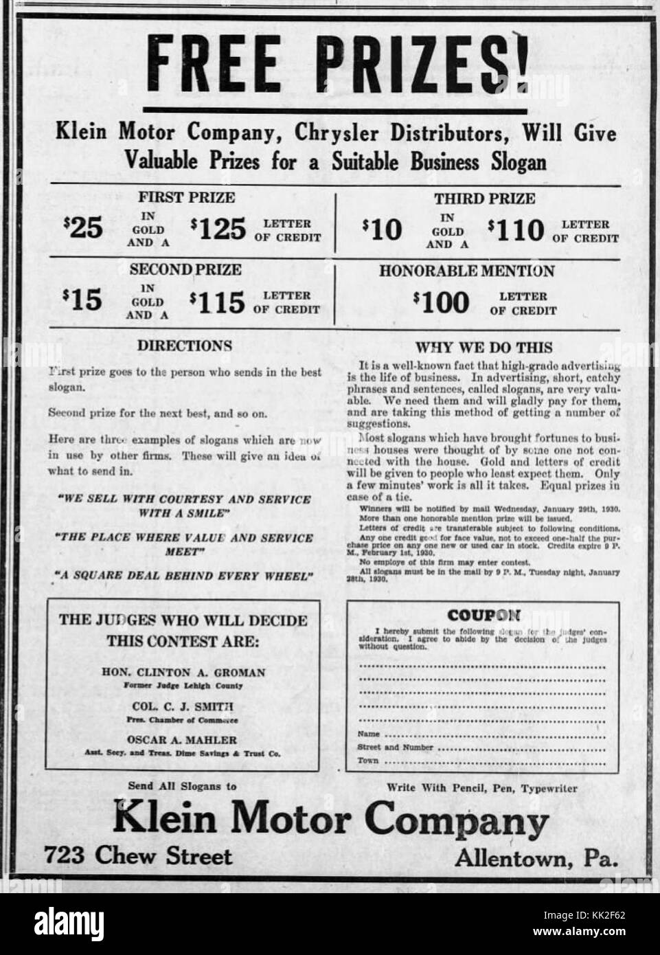 1930 Klein Motor Co 28 Jan MC Allentown PA Stock Photo - Alamy