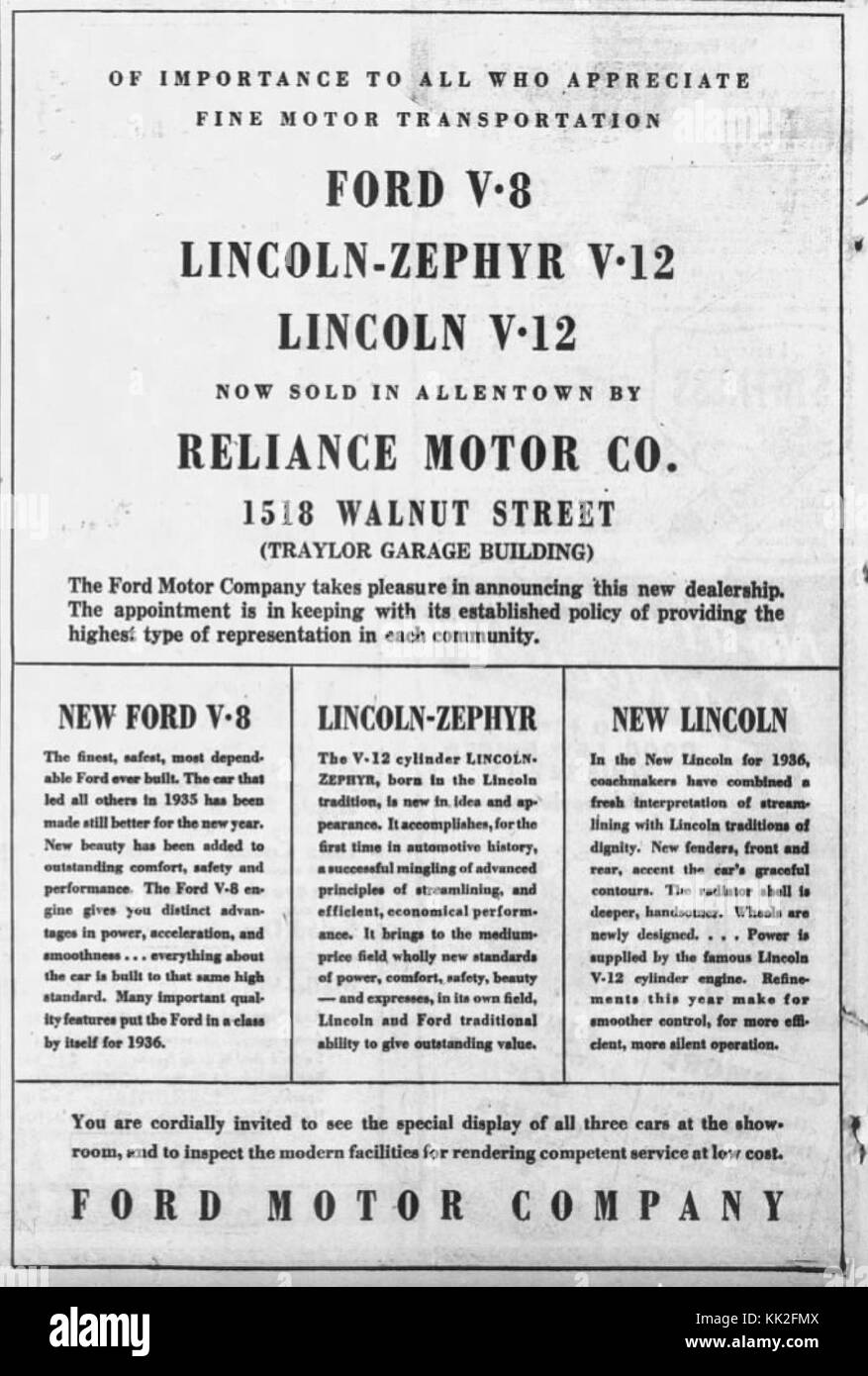 1936 Reliance Motor Company 24 Jan MC Allentown PA Stock Photo - Alamy